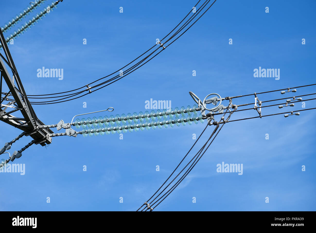 power lines on a pylon Stock Photo - Alamy