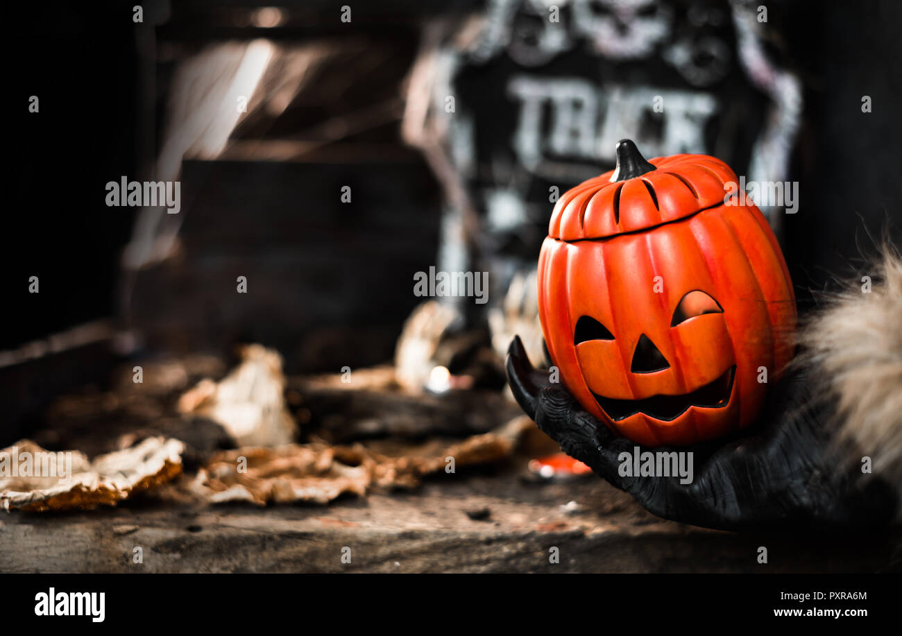 Happy Halloween concept. Trick or treat in autumn season. Scary and boo ...