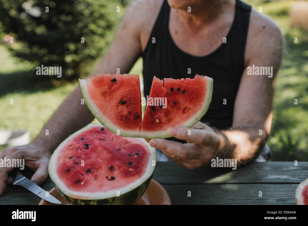 Senior man's hand holding watermelon slice Stock Photo - Alamy