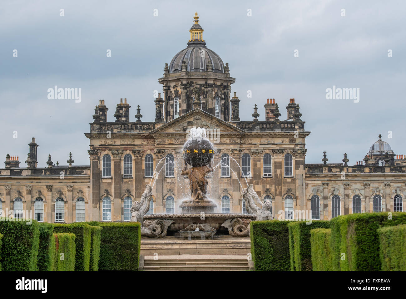 Castle Howard with Atlas Fountain and Hedges in Foreground, Yorkshire ...