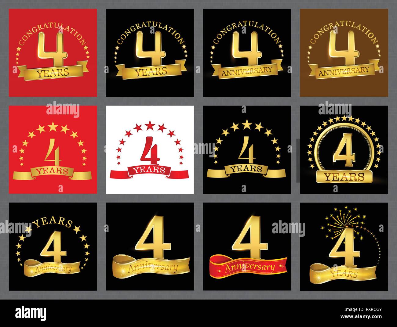 Set of number four (4 years) celebration design. Anniversary golden ...