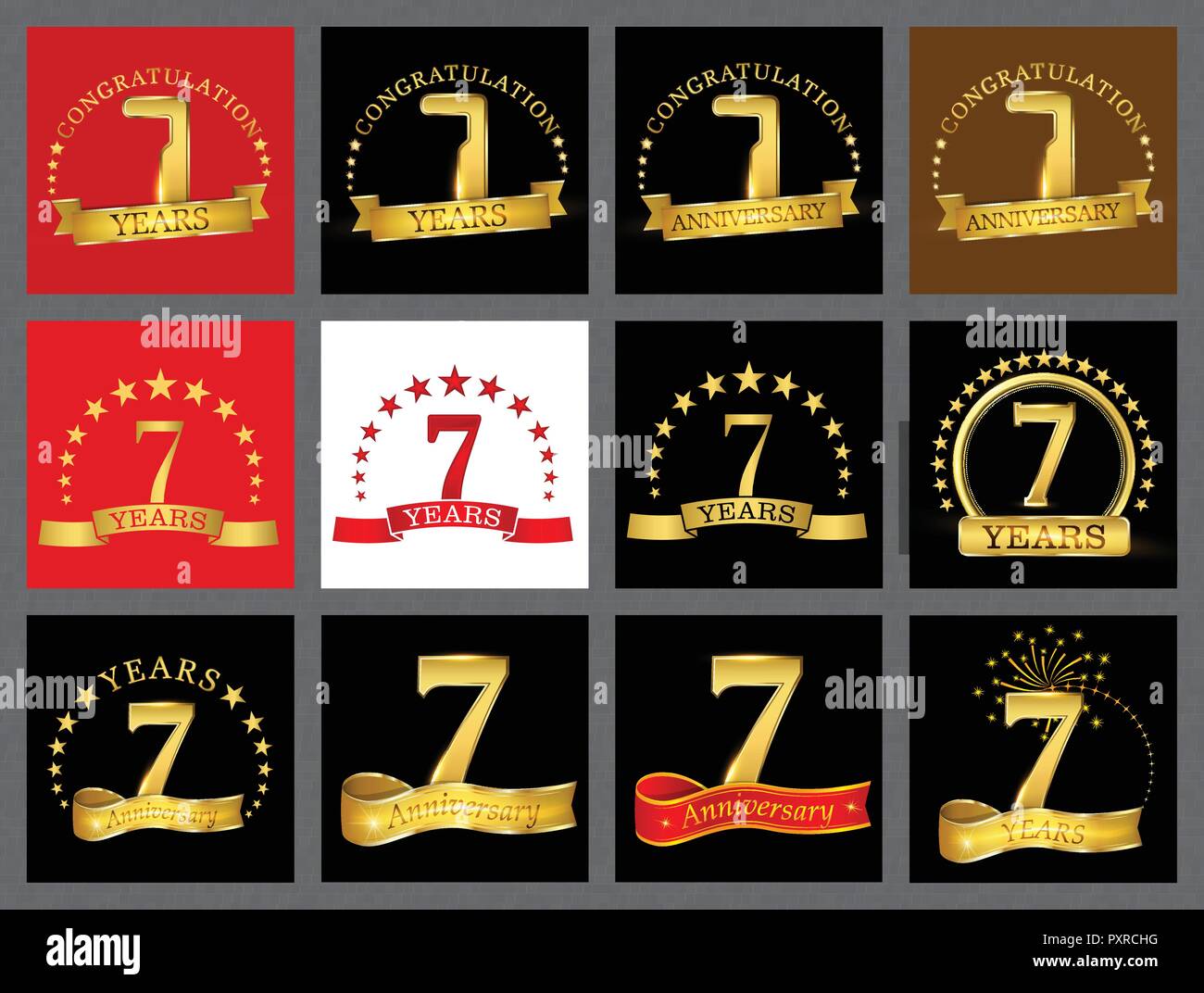 Set of number seven (7 years) celebration design. Anniversary golden ...