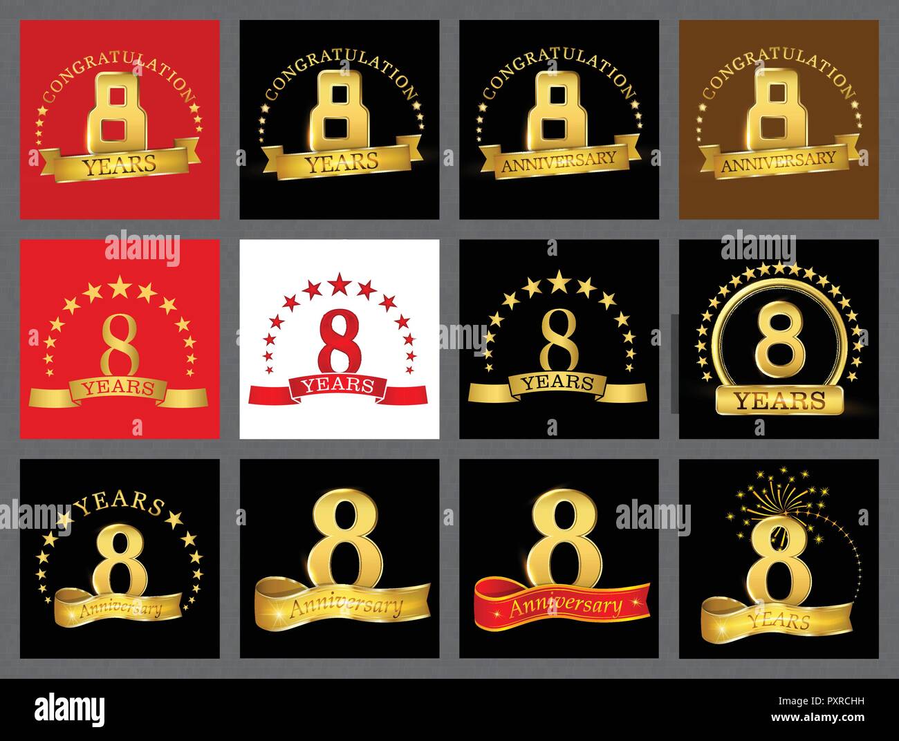 Set of number eight (8 years) celebration design. Anniversary golden ...