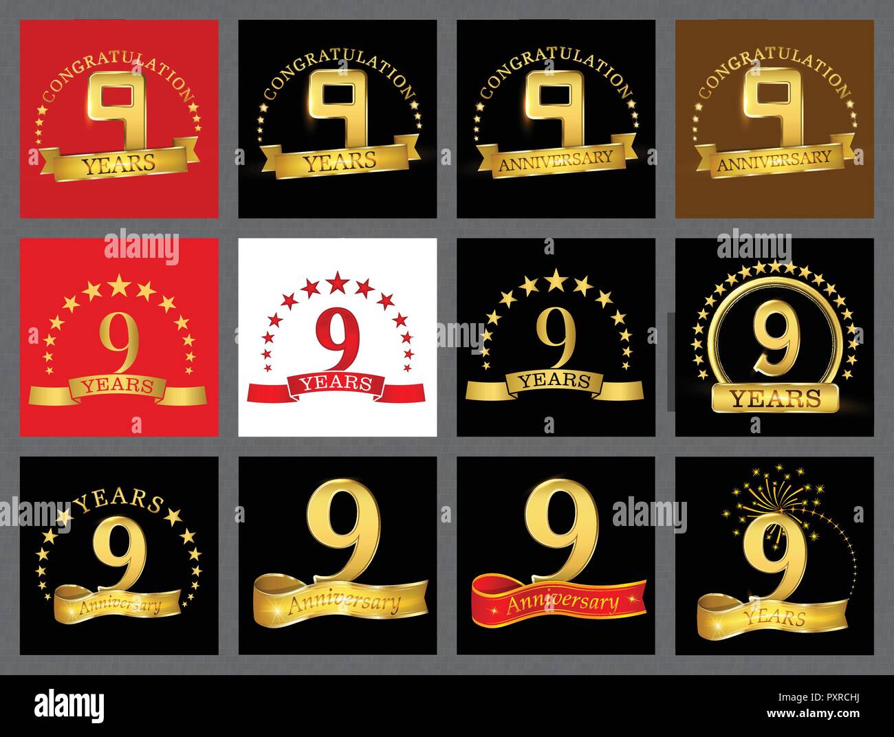Set of number nine (9 years) celebration design. Anniversary golden ...
