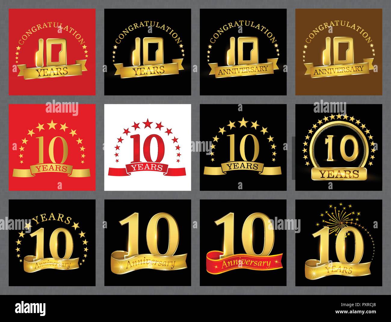 Set of number ten (10 years) celebration design. Anniversary golden ...