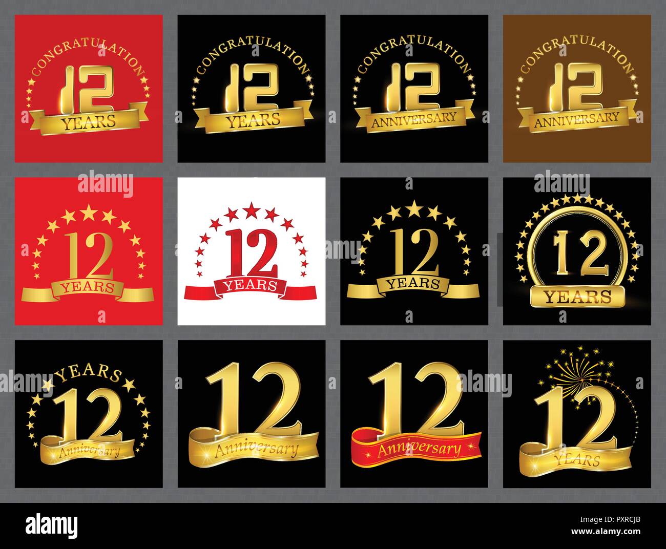 Set of number twelve (12 years) celebration design. Anniversary golden ...