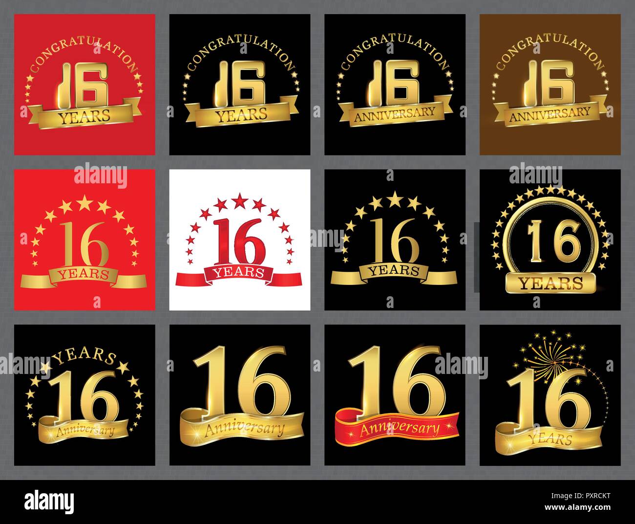 Set of number sixteen (16 years) celebration design. Anniversary golden ...