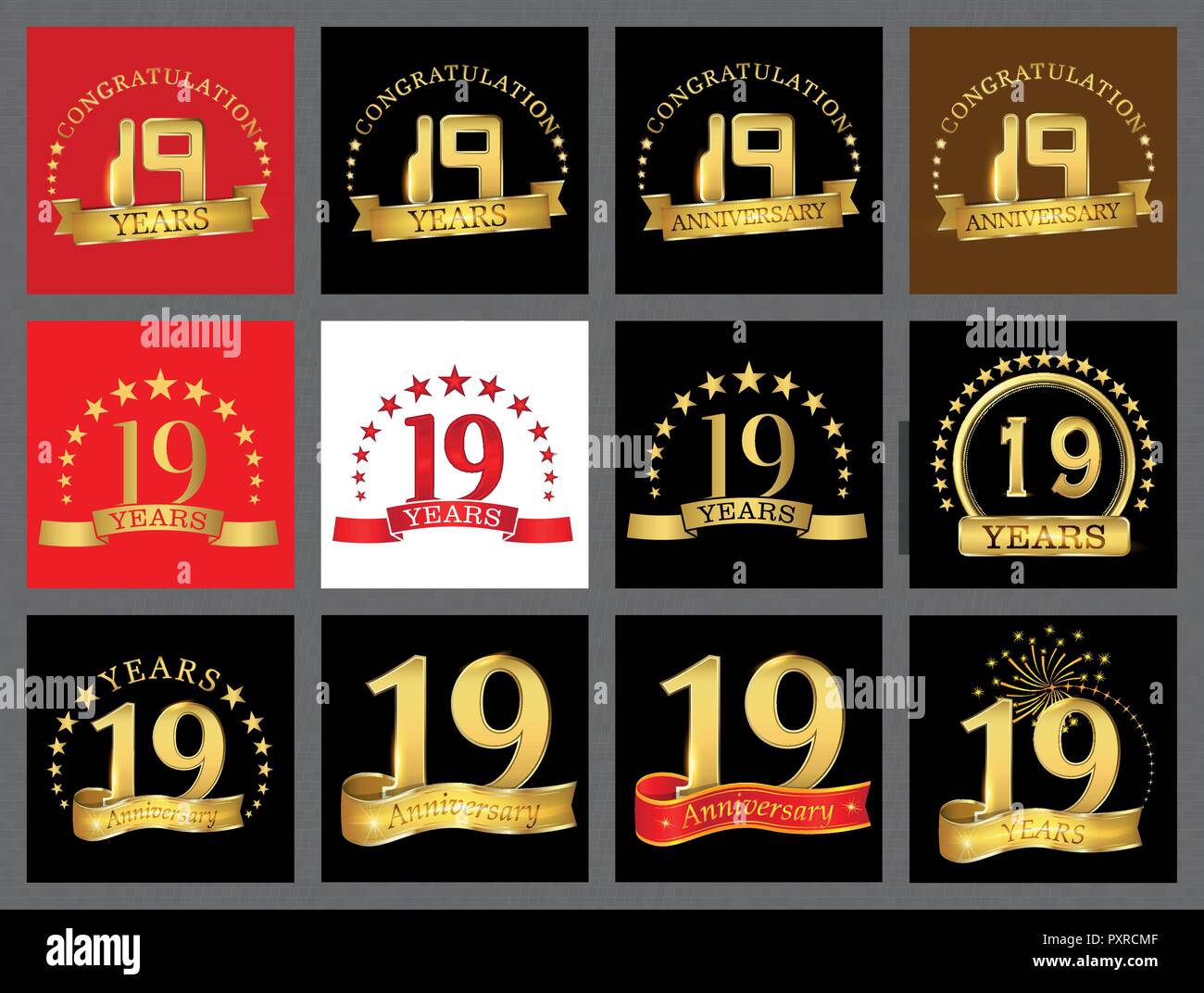 Set of number nineteen (19 years) celebration design. Anniversary ...