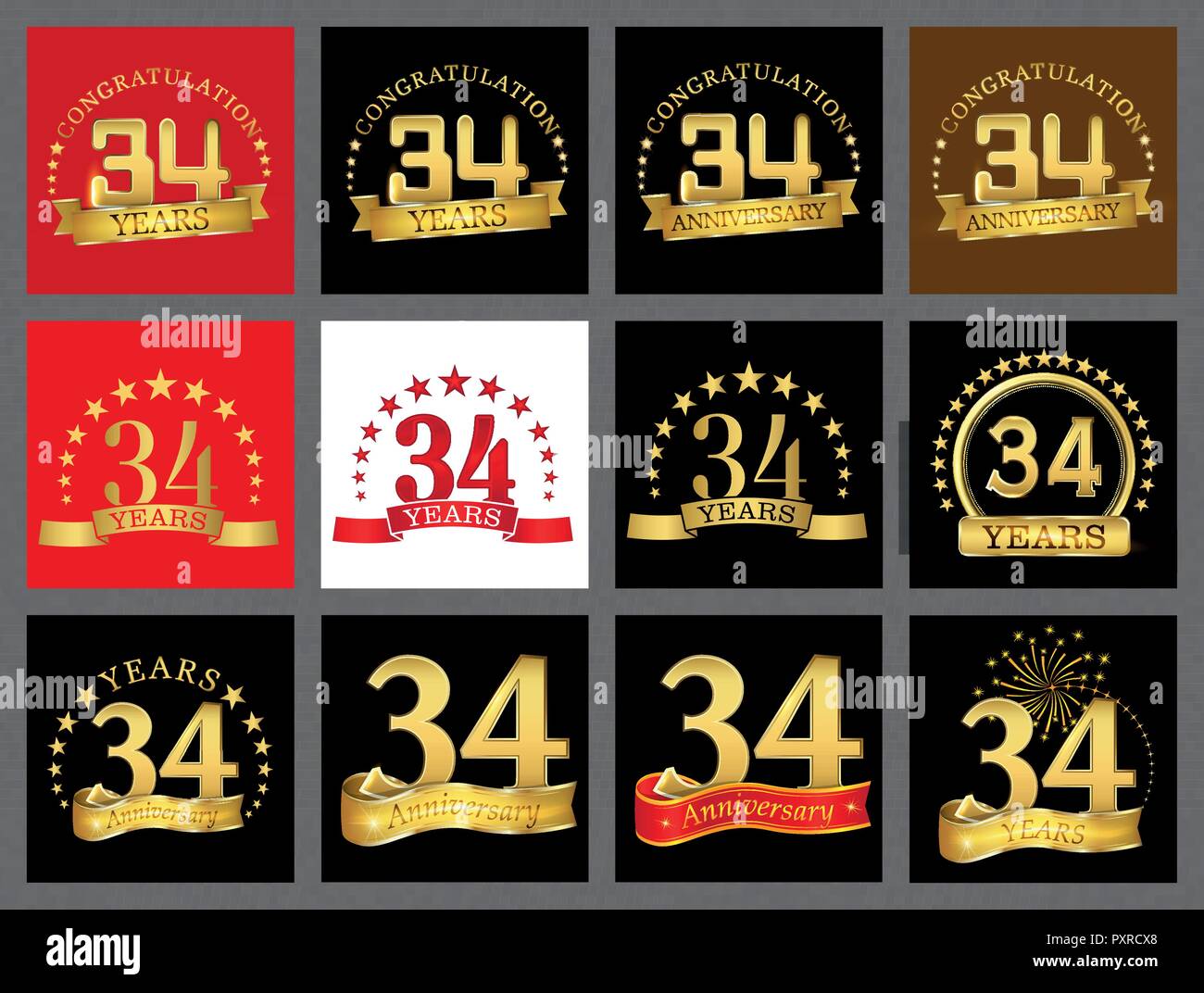 Set of number thirty-four (34 years) celebration design. Anniversary ...