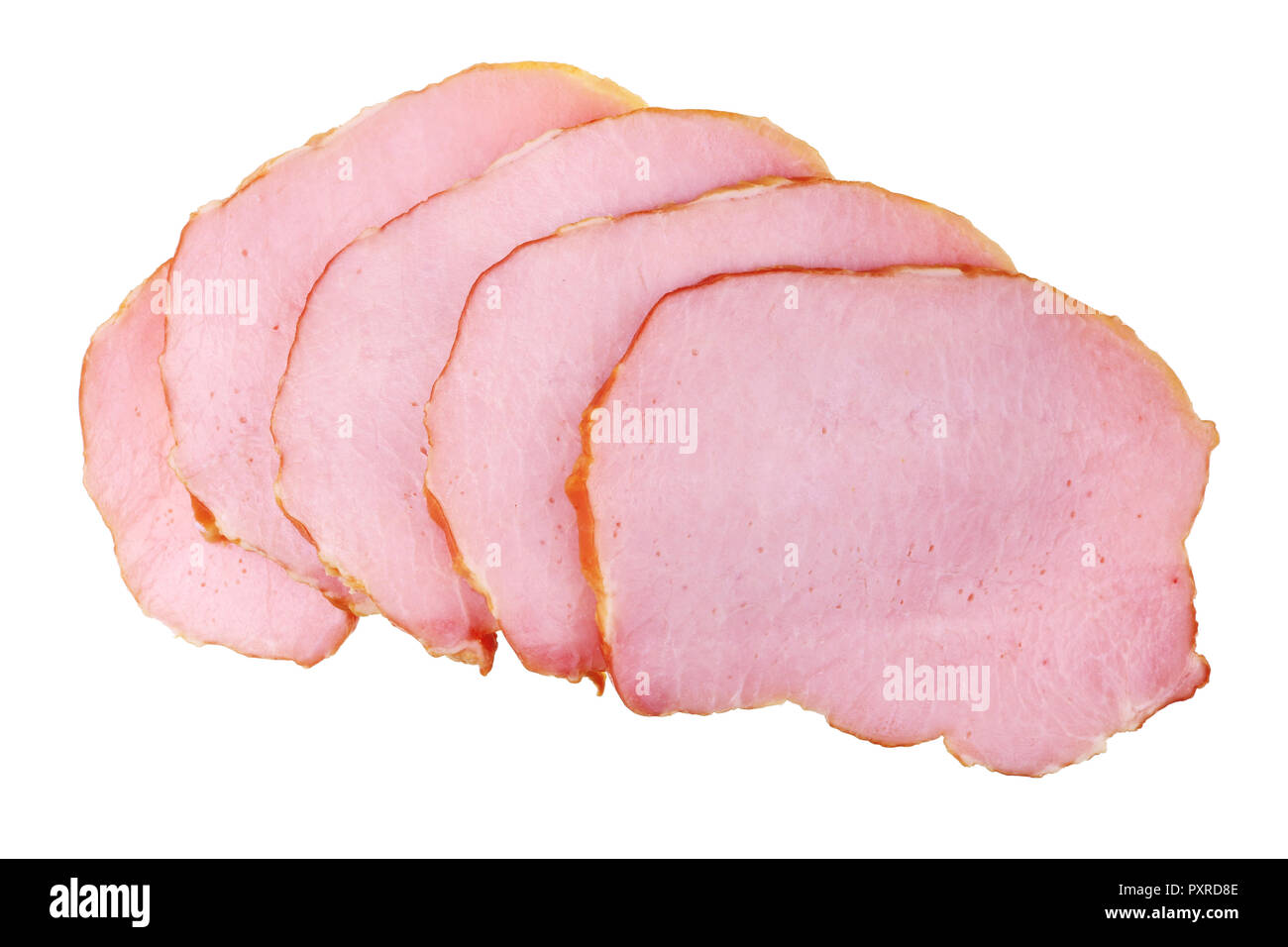 Five thin homemade slices of pink smoked ham isolated. Studio macro ...