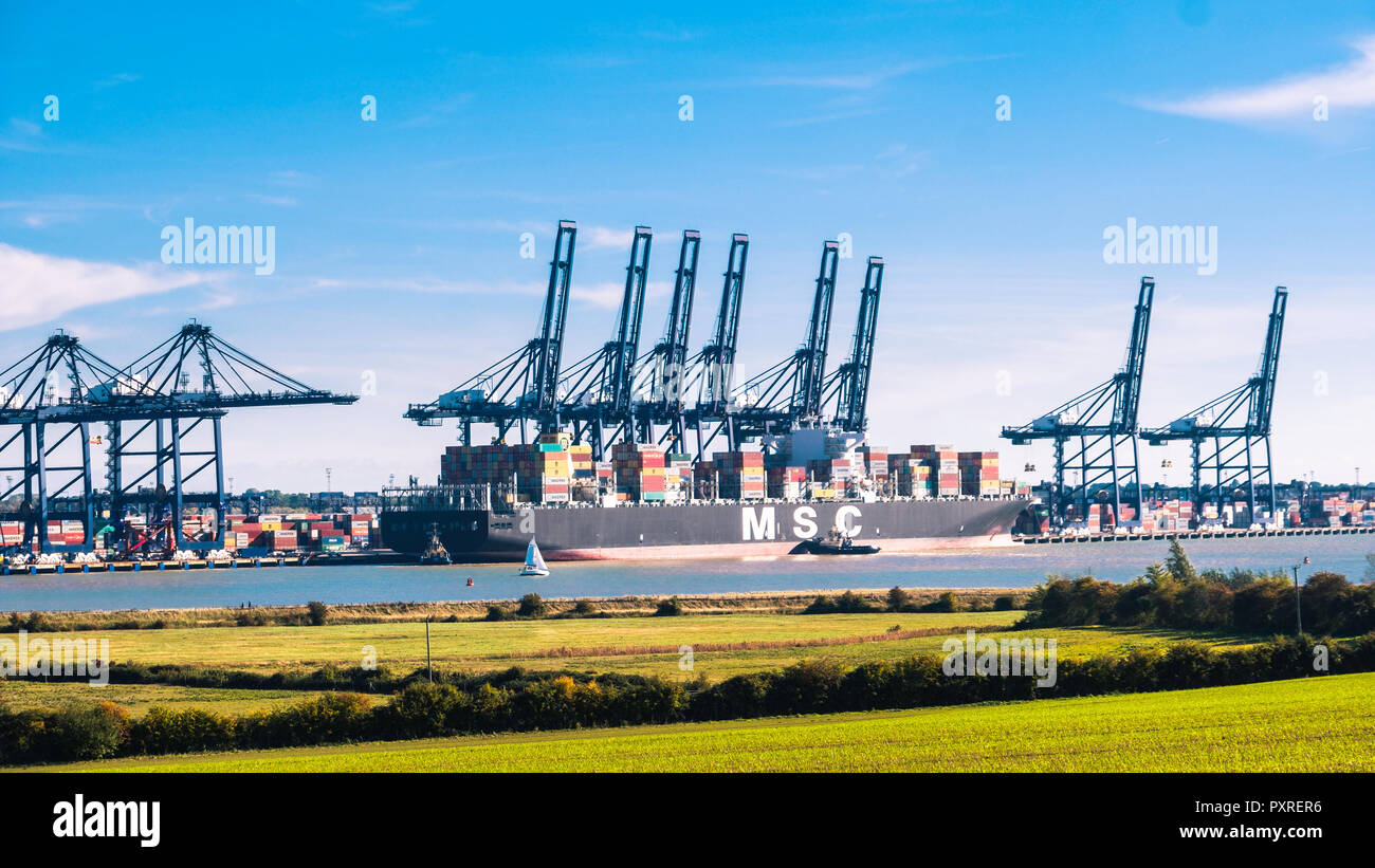 The container docks at the Port of Felixstowe seen from across the ...