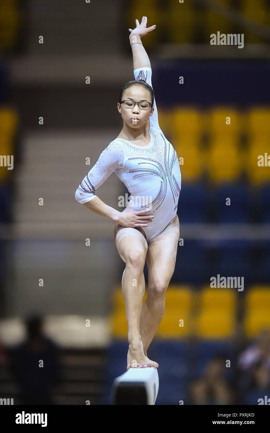 Doha, Qatar. 23rd Oct, 2018. MORGAN HURD practices on the balance beam ...