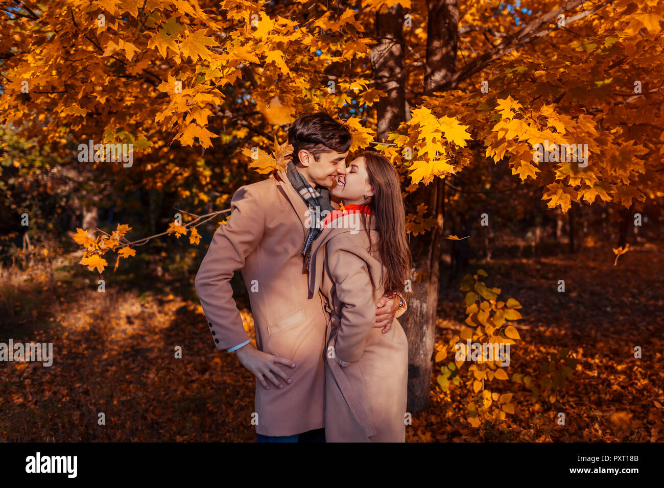 Young couple in love walks in autumn forest among falling leaves ...