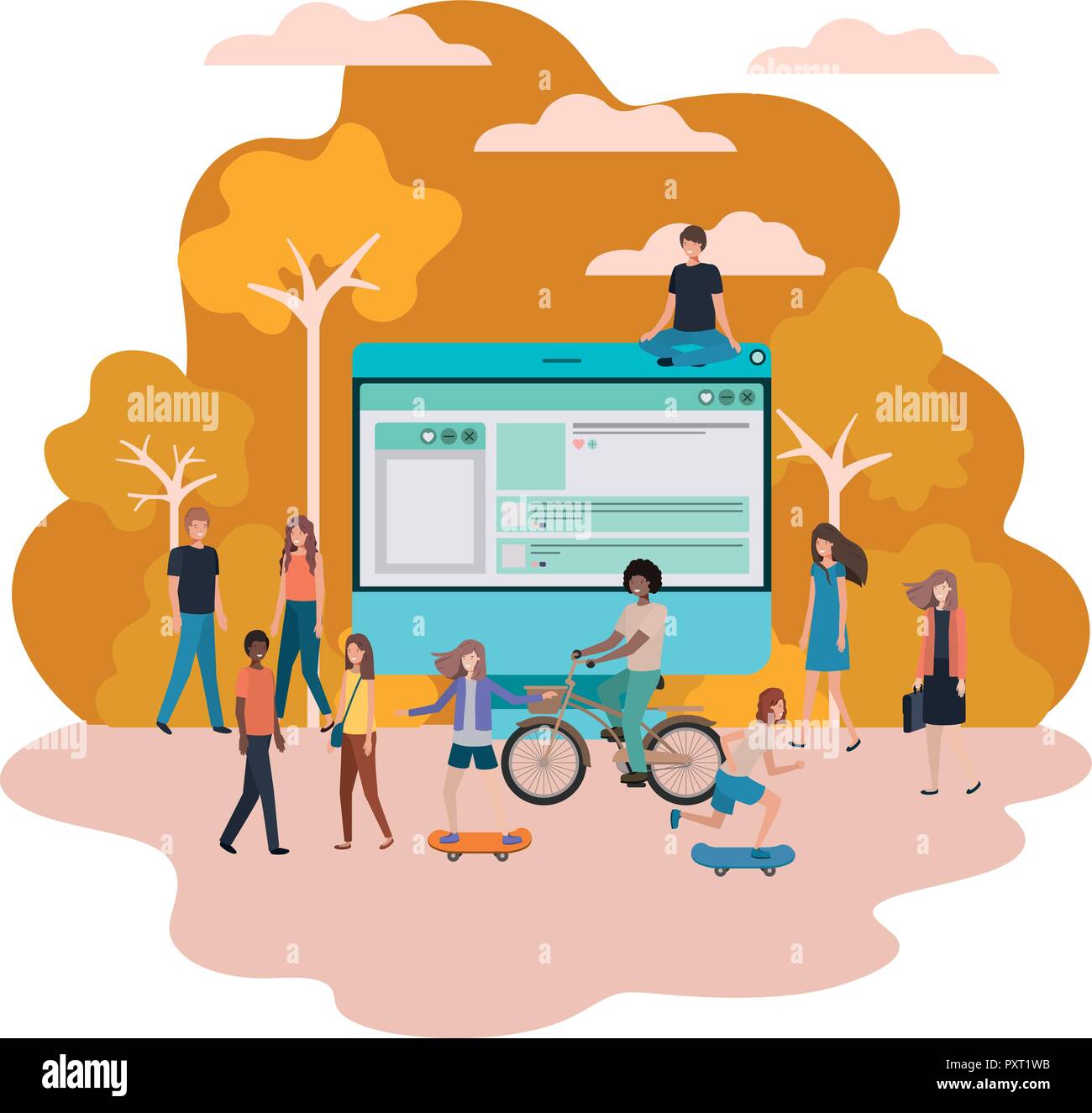 Happy people around computer Stock Vector Images - Alamy