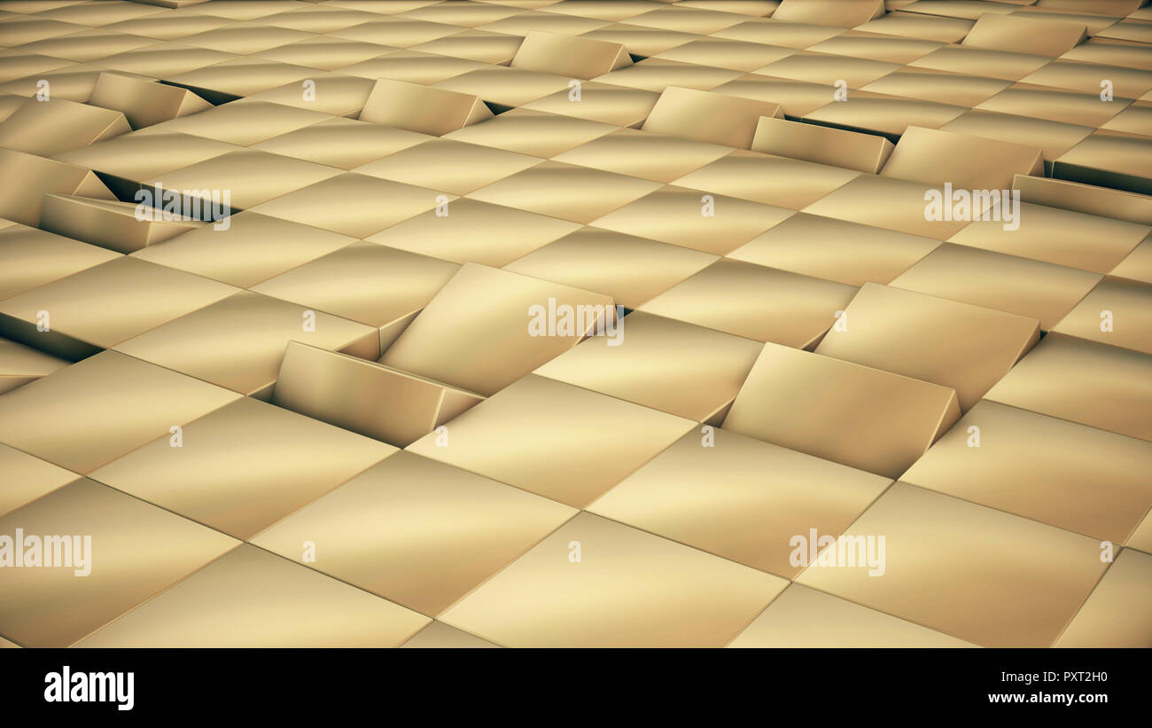 Modern abstract metal grid surface rotate wave of bright golden cubes ...