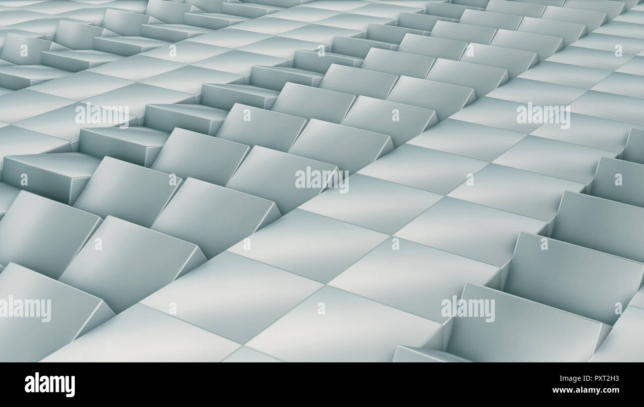 Modern abstract metal grid surface rotate wave of bright blue cubes ...