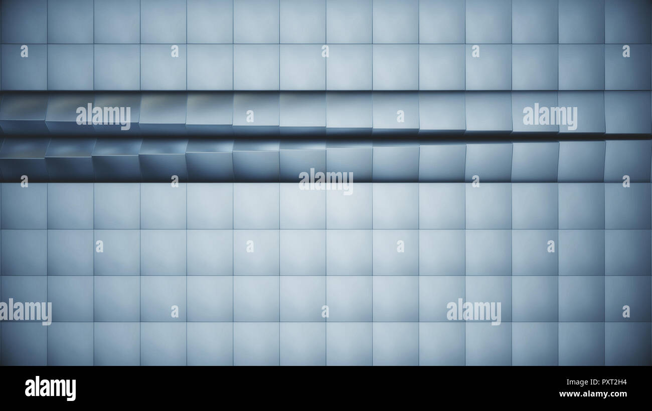 Modern abstract metal grid surface rotate wave of bright blue cubes ...