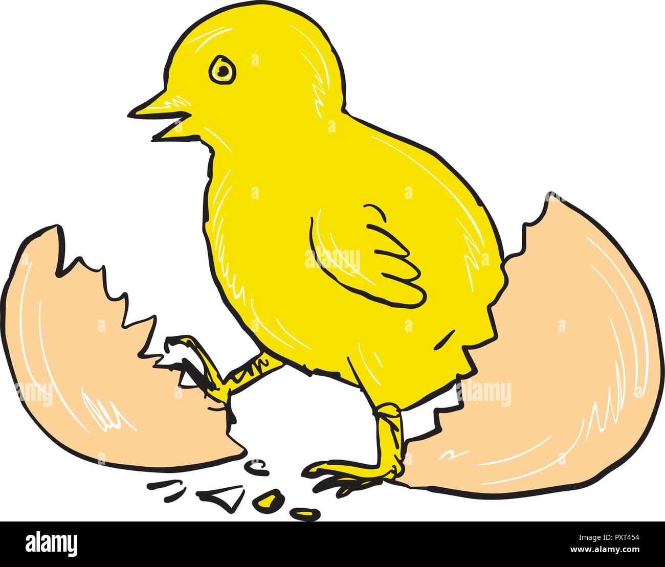 Drawing sketch style illustration of a chick cracking hatching out of ...