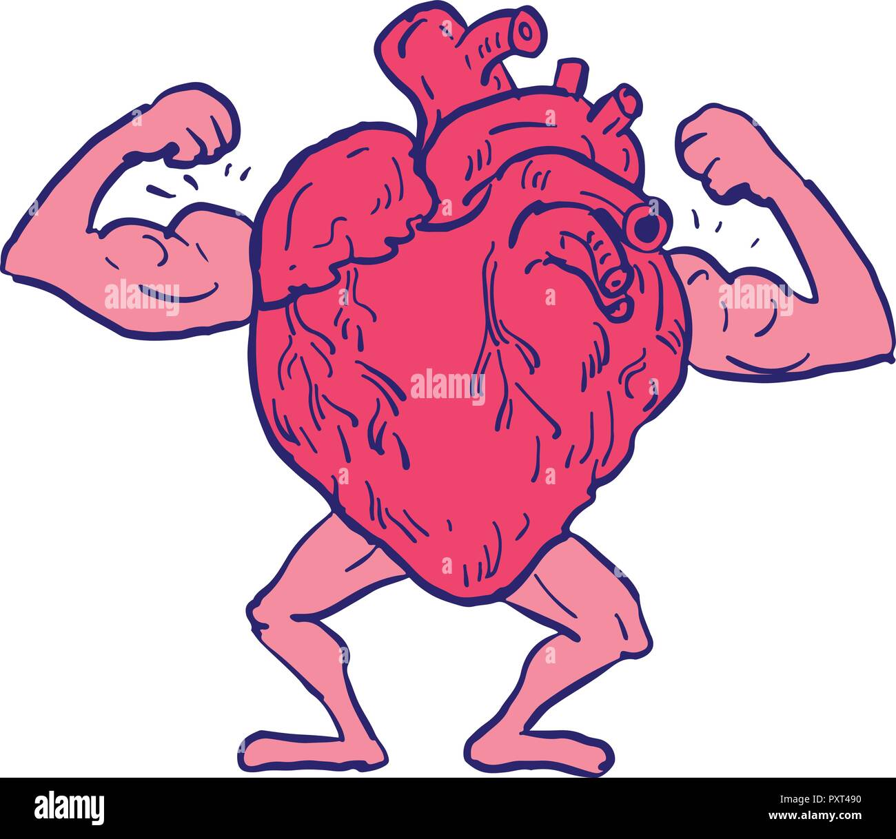 Drawing sketch style illustration of a healthy heart flexing its muscle ...