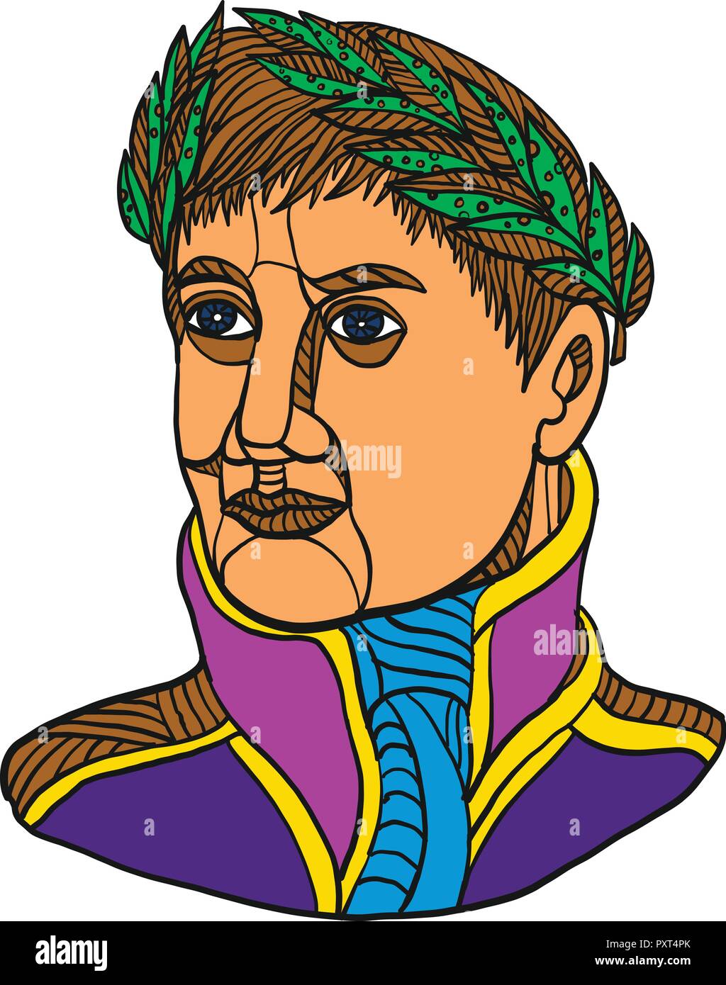 Mono line illustration of Emperor Napoleon Bonaparte wearing laurel ...