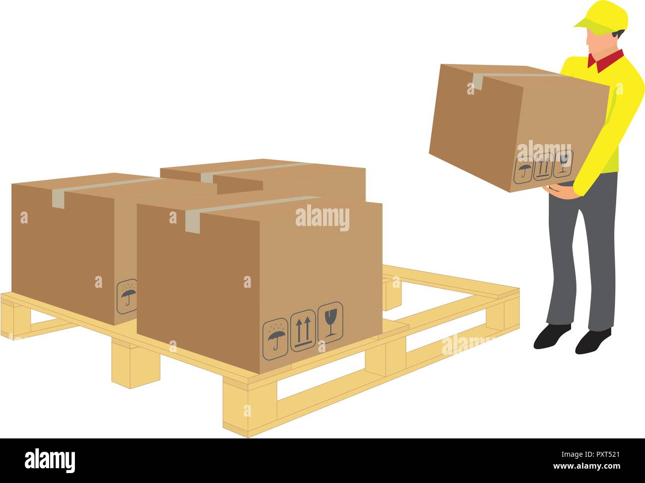 Vector of worker lifting box from wooden pallet in warehouse Stock ...