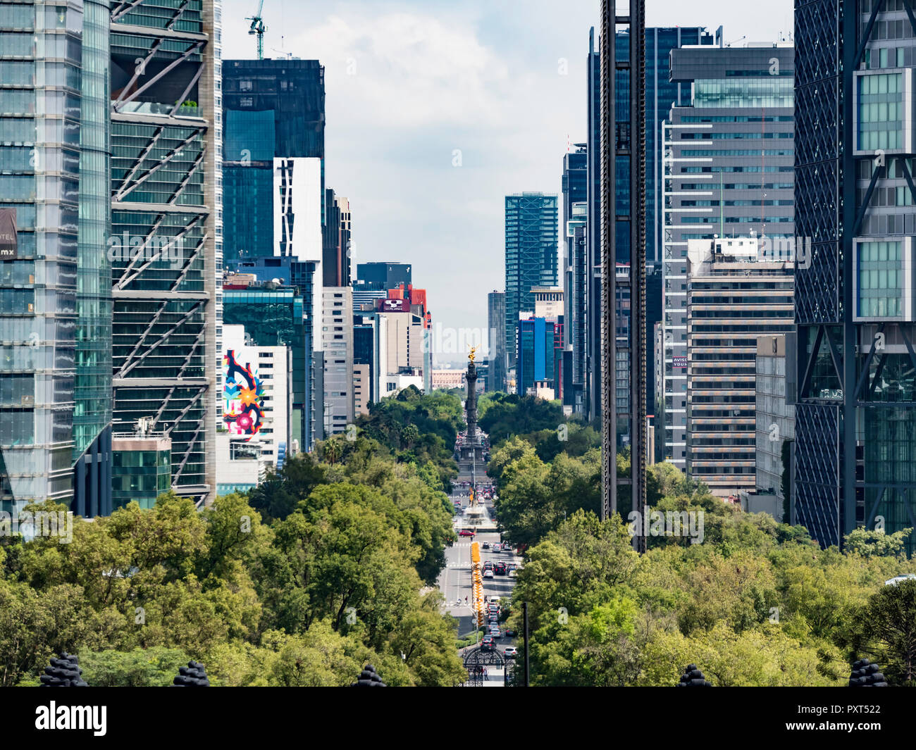 View of Paseo de la Reforma nested between skyscrappers in Mexico City ...