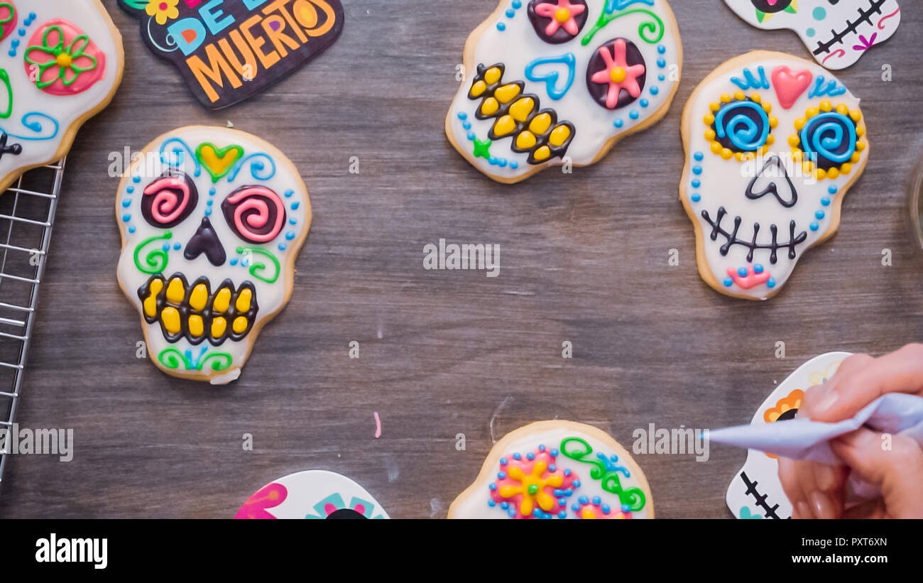 Step by step. Flat lay. Decorating sugar skull cookies with different ...