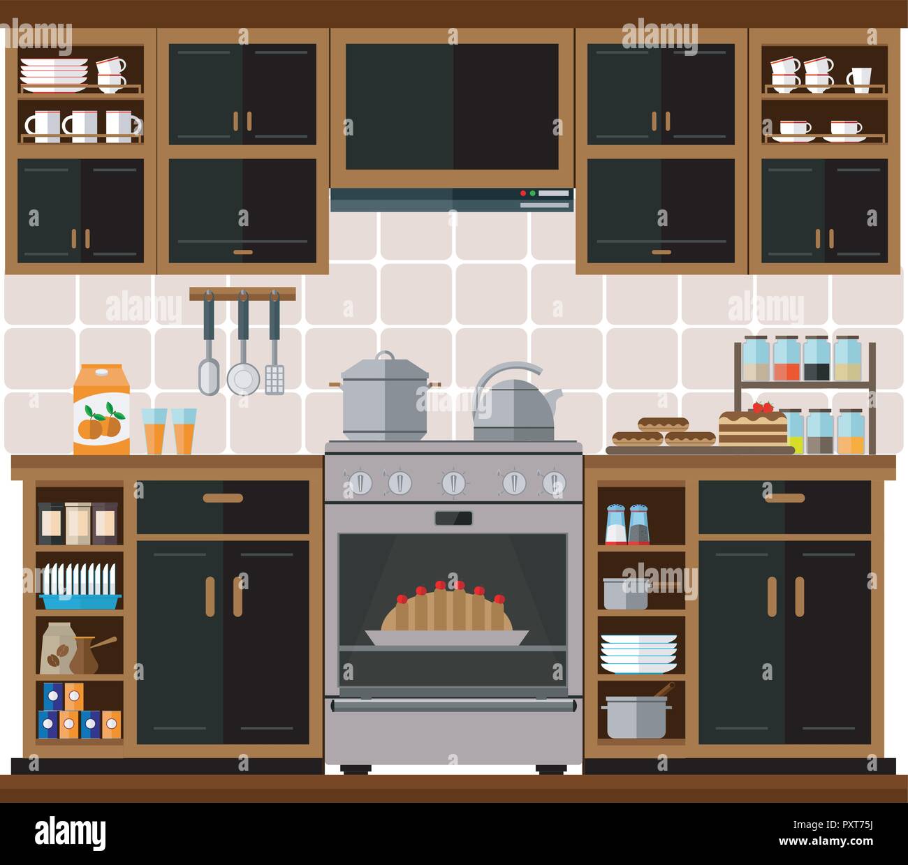 Stylish and modern kitchen in dark and black tones. Vector illustration ...