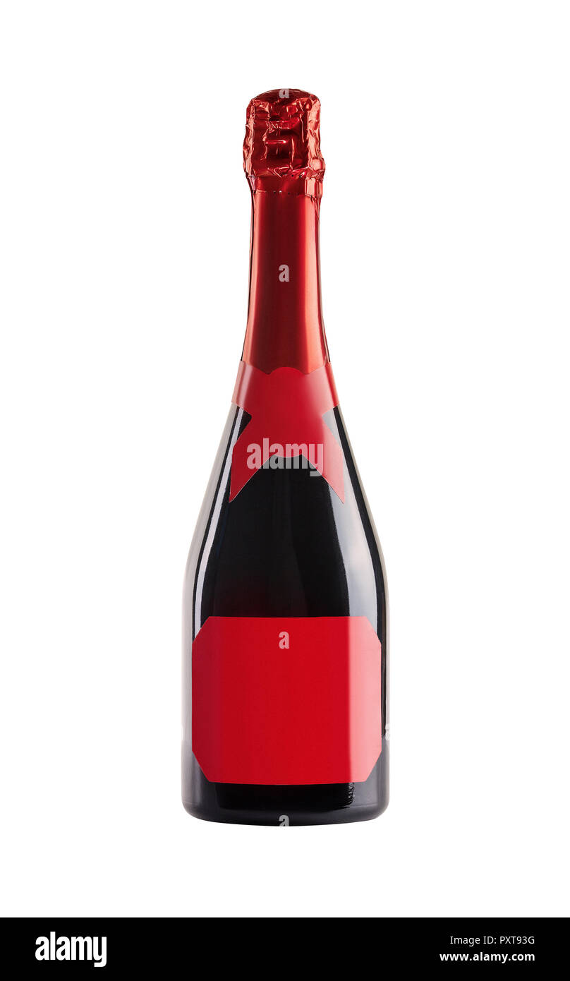 Champagne. Bottle of dark glass with a blank red label on a white ...