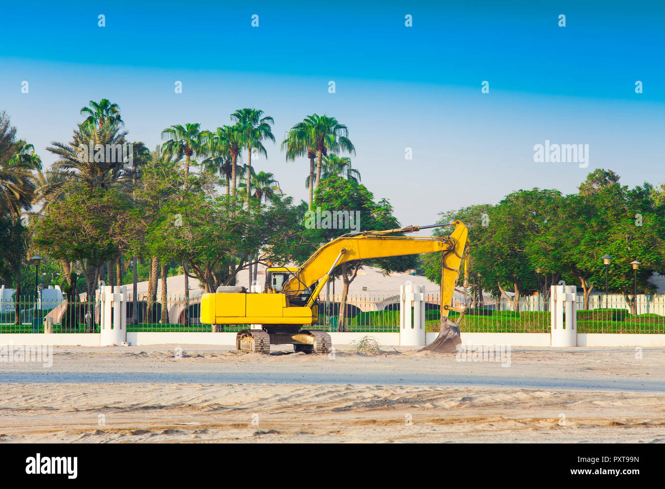 excavator and palm trees. industrial photo Stock Photo - Alamy