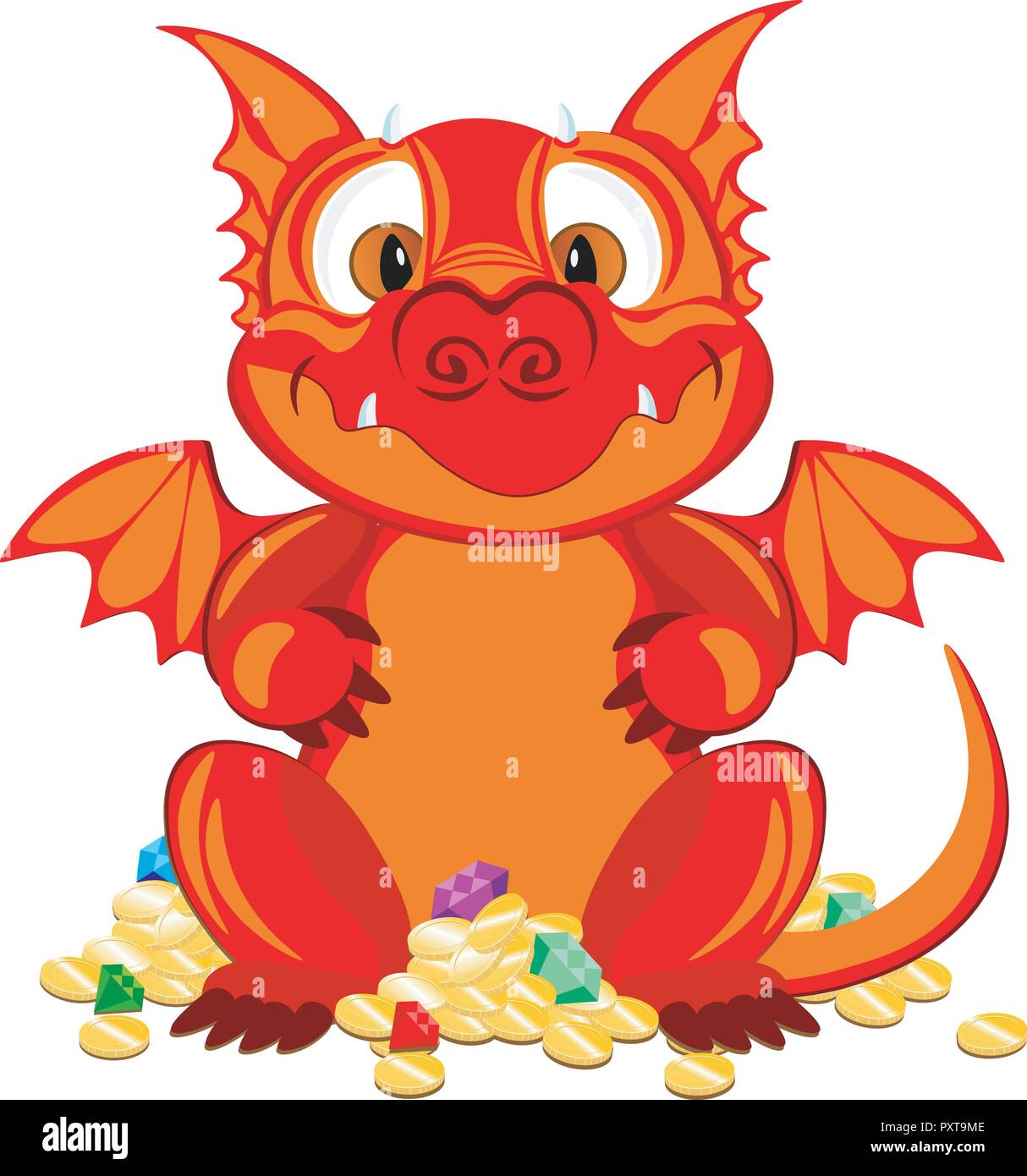 The red dragon guards the gold. Funny and funny character, vector ...