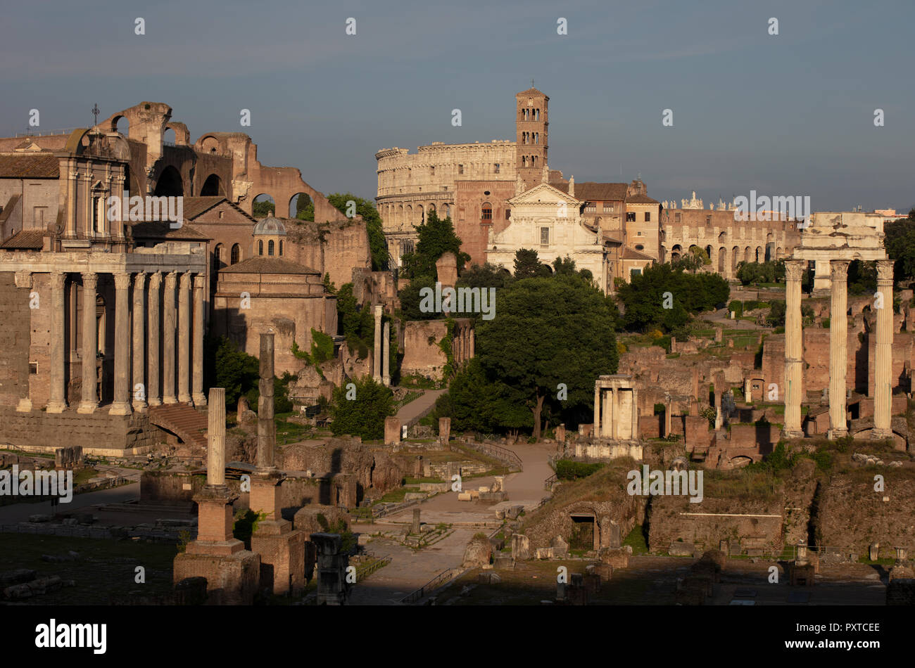 View of the Roman Forum in the evening with many of the famous ancient ...