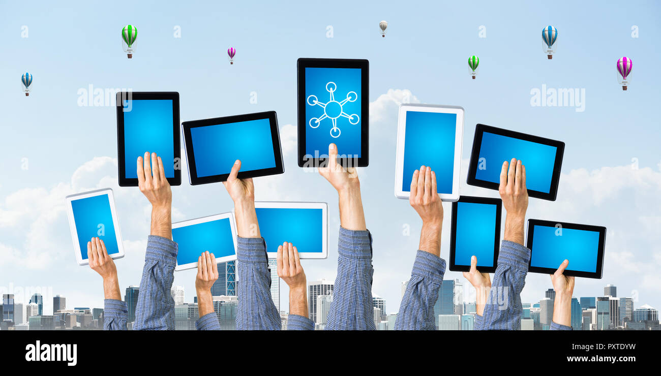 Close of man hands in line showing tablet pc with blank blue screen ...