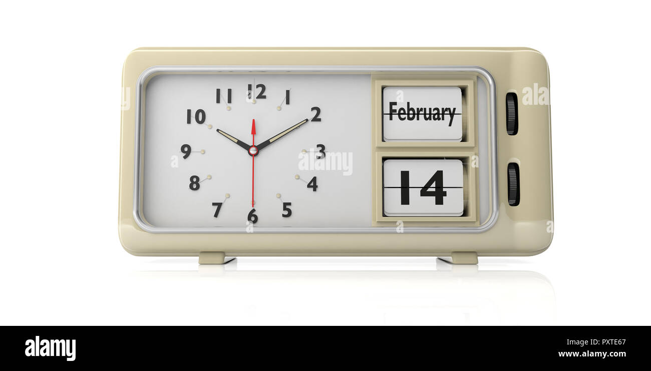 Valentines date, 14 February text on old retro vintage alarm clock ...