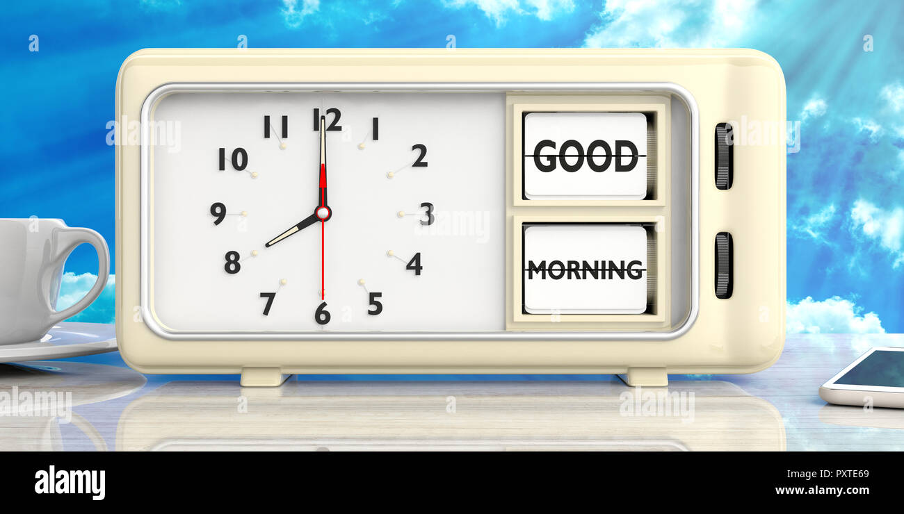 Good morning wake up message text on retro vintage alarm clock on white ...