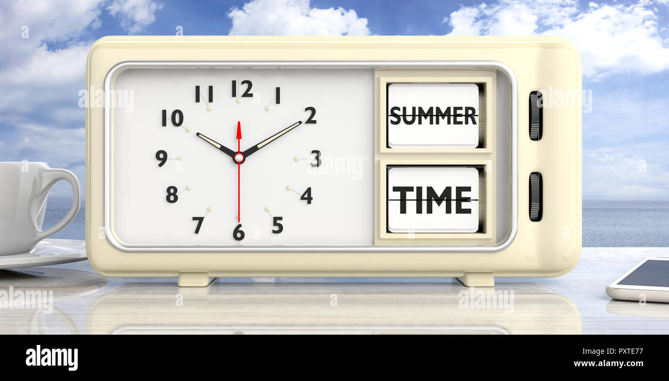 summer time text on retro vintage alarm clock against cloudy blue sky ...