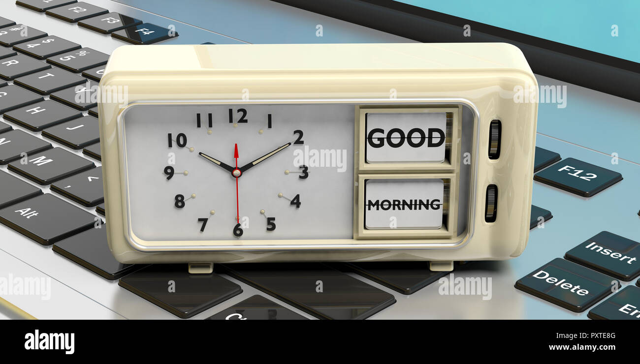 Good morning wake up message on retro vintage alarm clock against ...