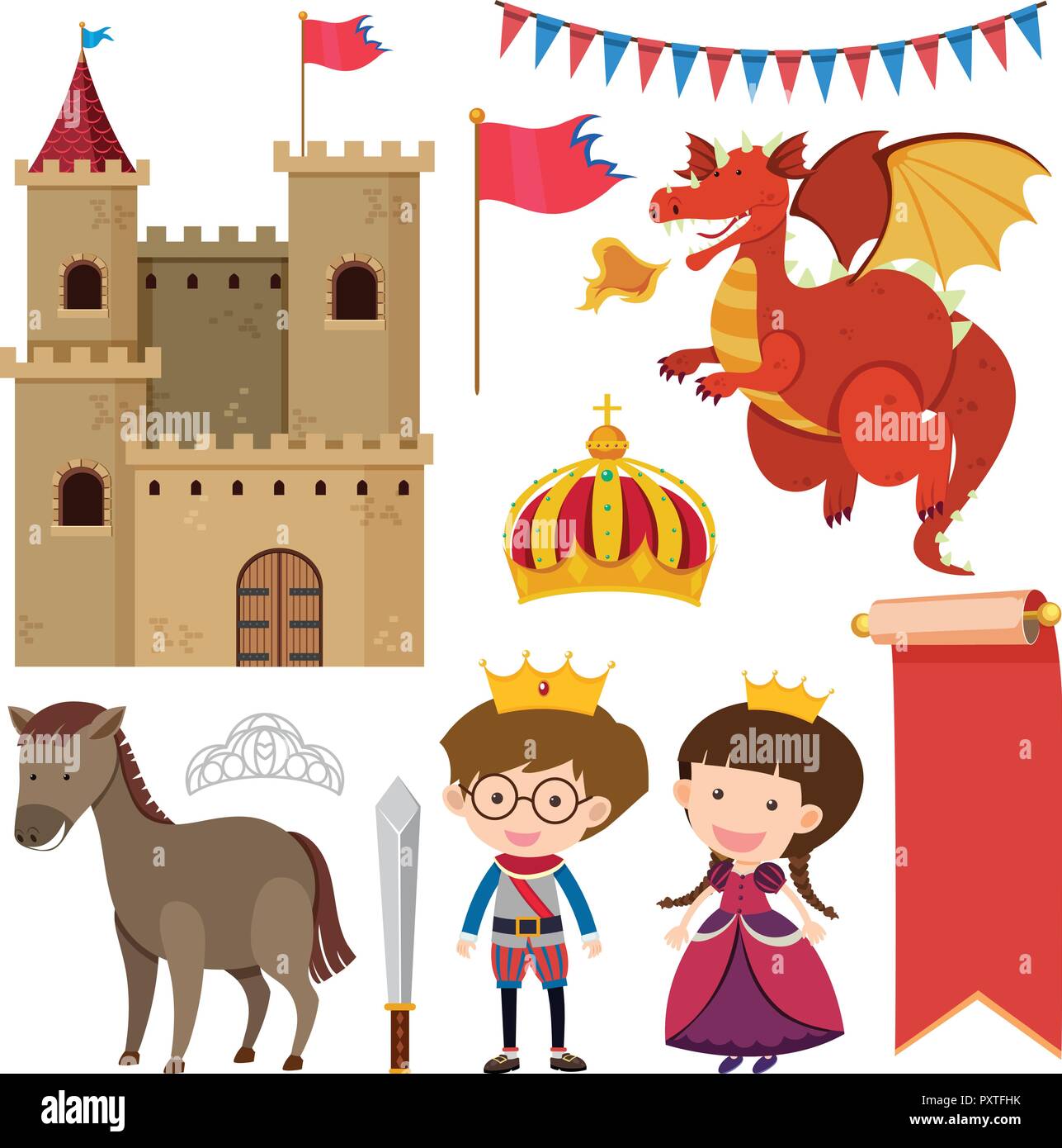 Castle towers and different fairytale characters illustration Stock ...