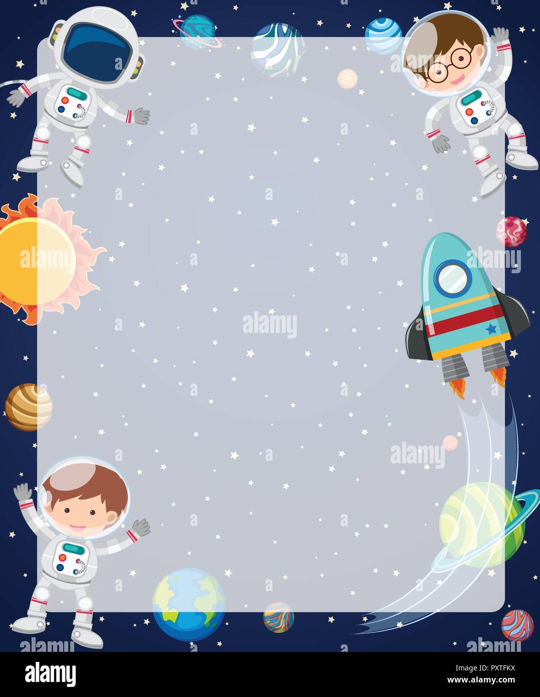 Border template with astronauts flying in sky illustration Stock Vector ...