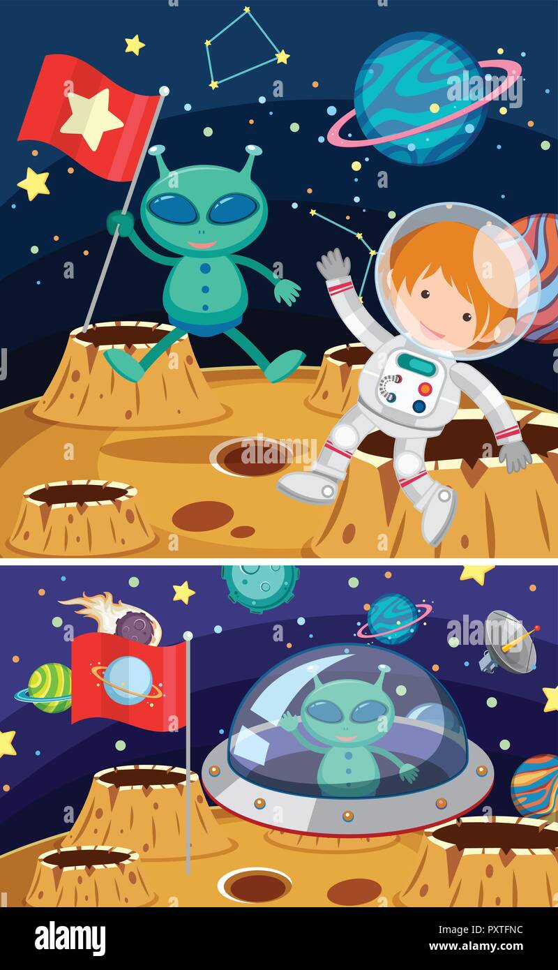 Two space scenes with aliens and astronaut illustration Stock Vector ...