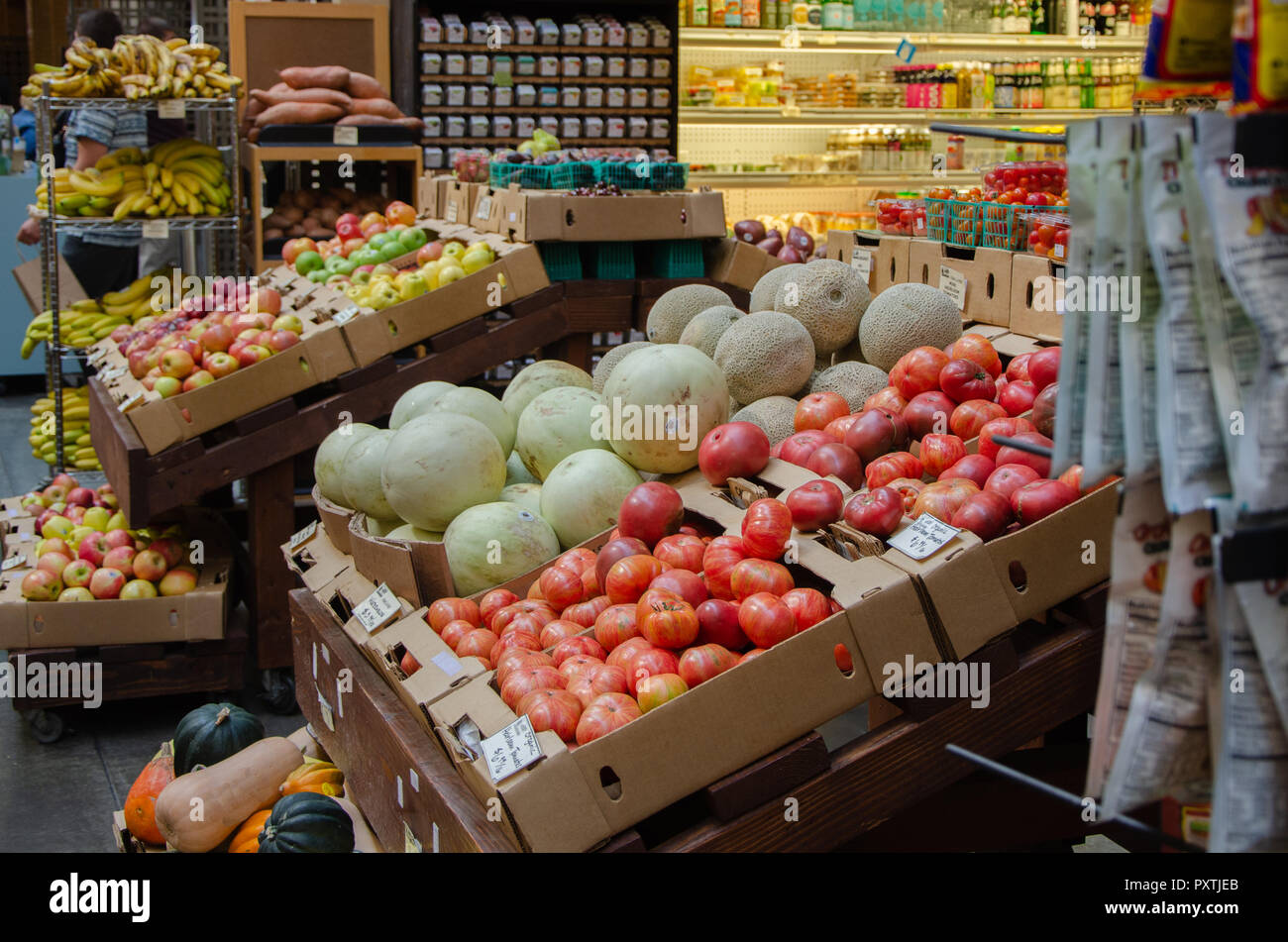 Fruit market with various colorful fresh fruits and vegetables Stock ...