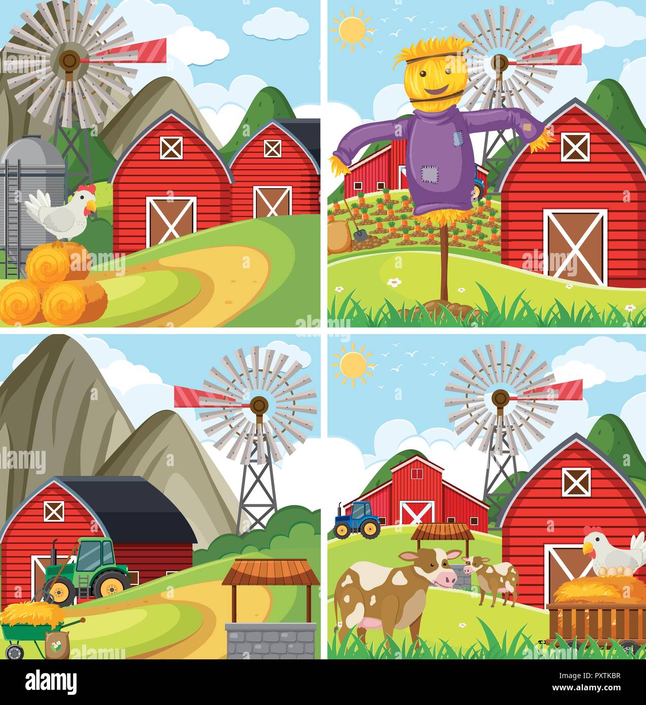 Four farm scenes with red barn and farm animals illustration Stock ...