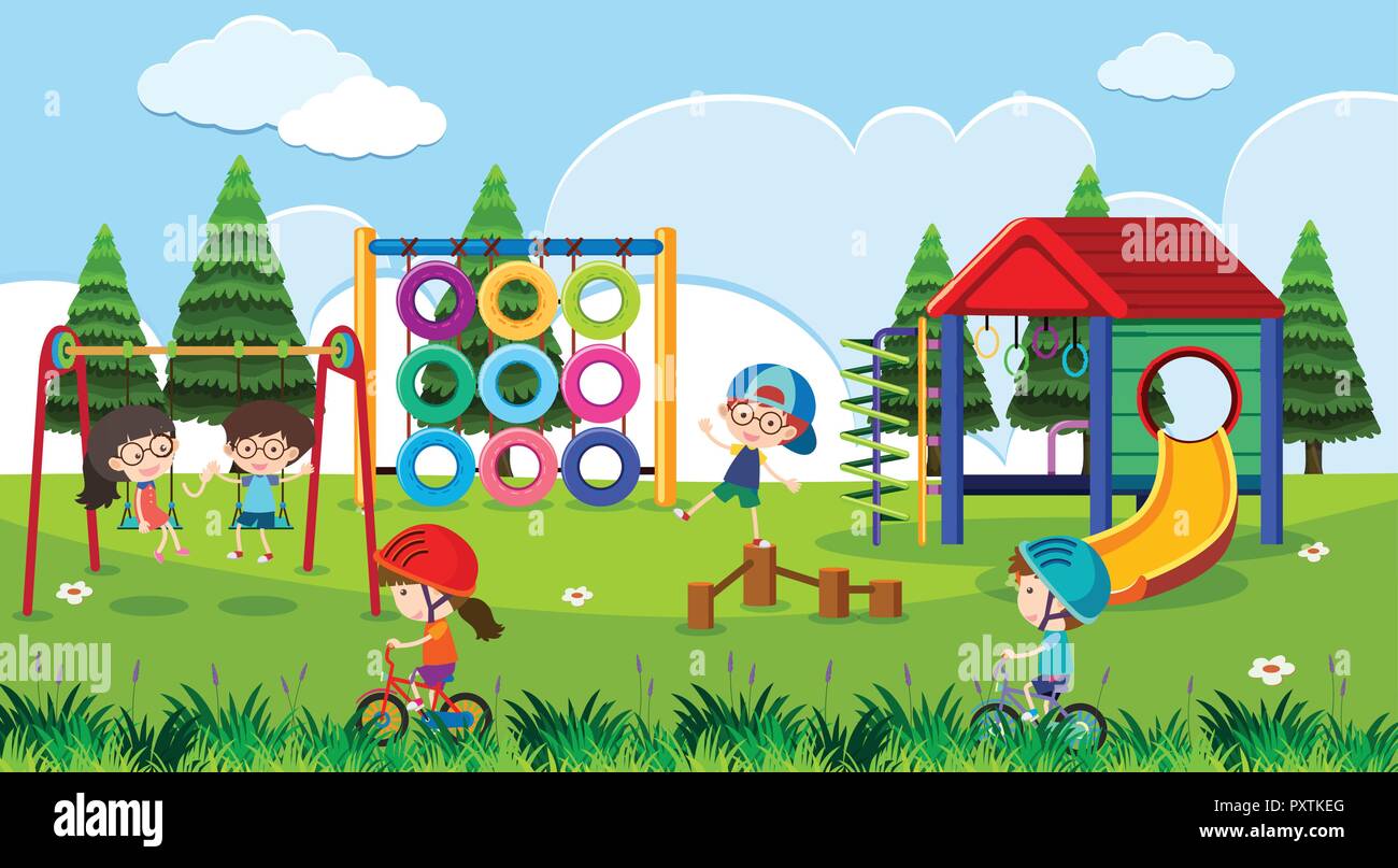 Playground scene with happy children at daytime illustration Stock ...