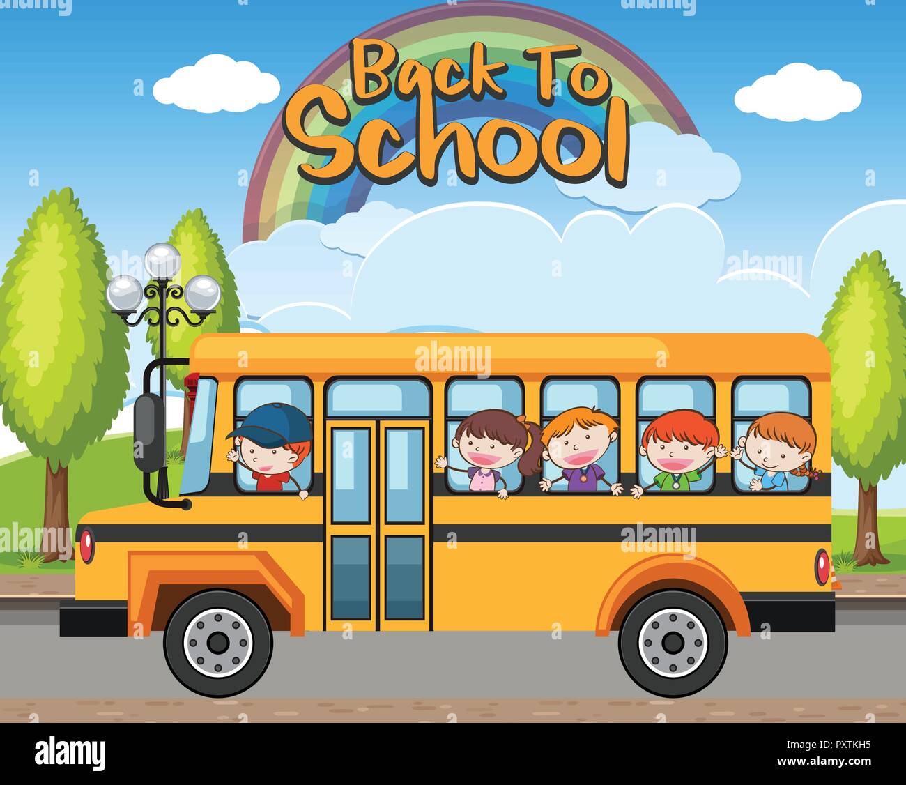 Back to School Bus and Students illustration Stock Vector Image & Art ...