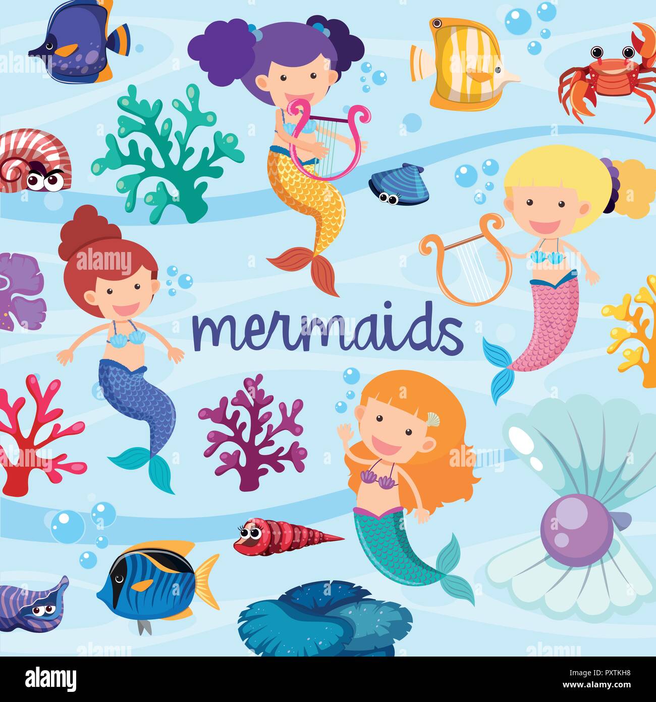 Background design with cute mermaids underwater illustration Stock ...