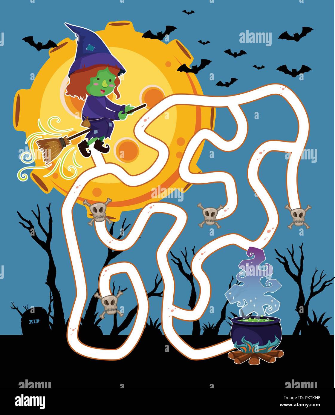 Maze game template with witch flying at night illustration Stock Vector ...