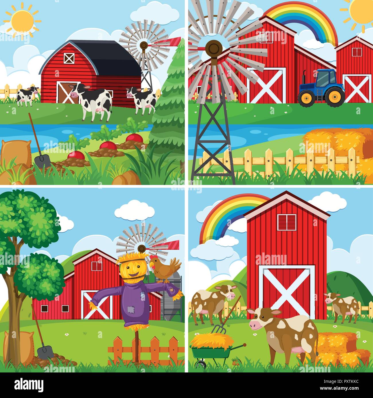 Four scenes with cows and barns illustration Stock Vector Image & Art ...