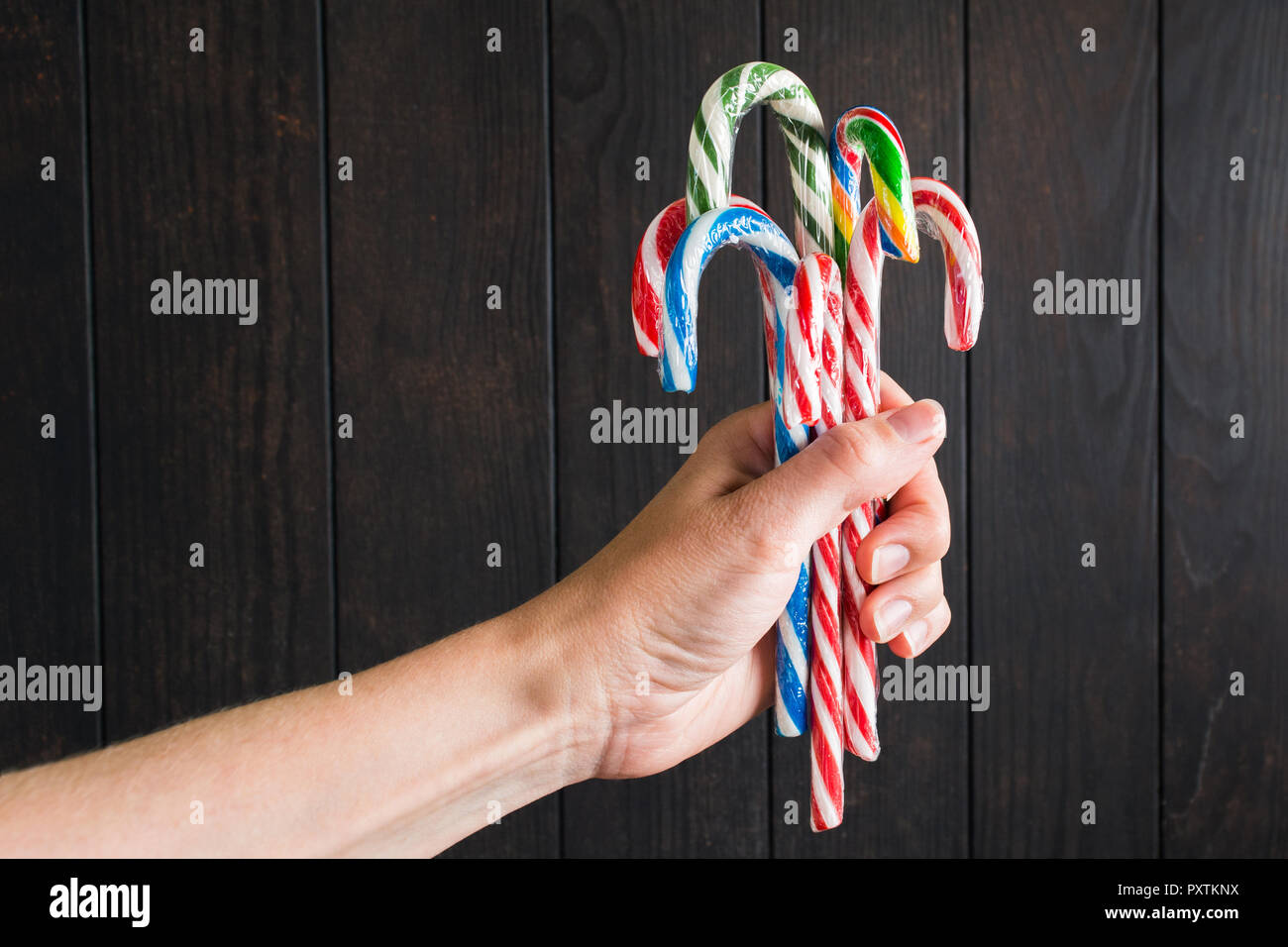 Colorful christmas candy canes in femal hand with dark wooden ...