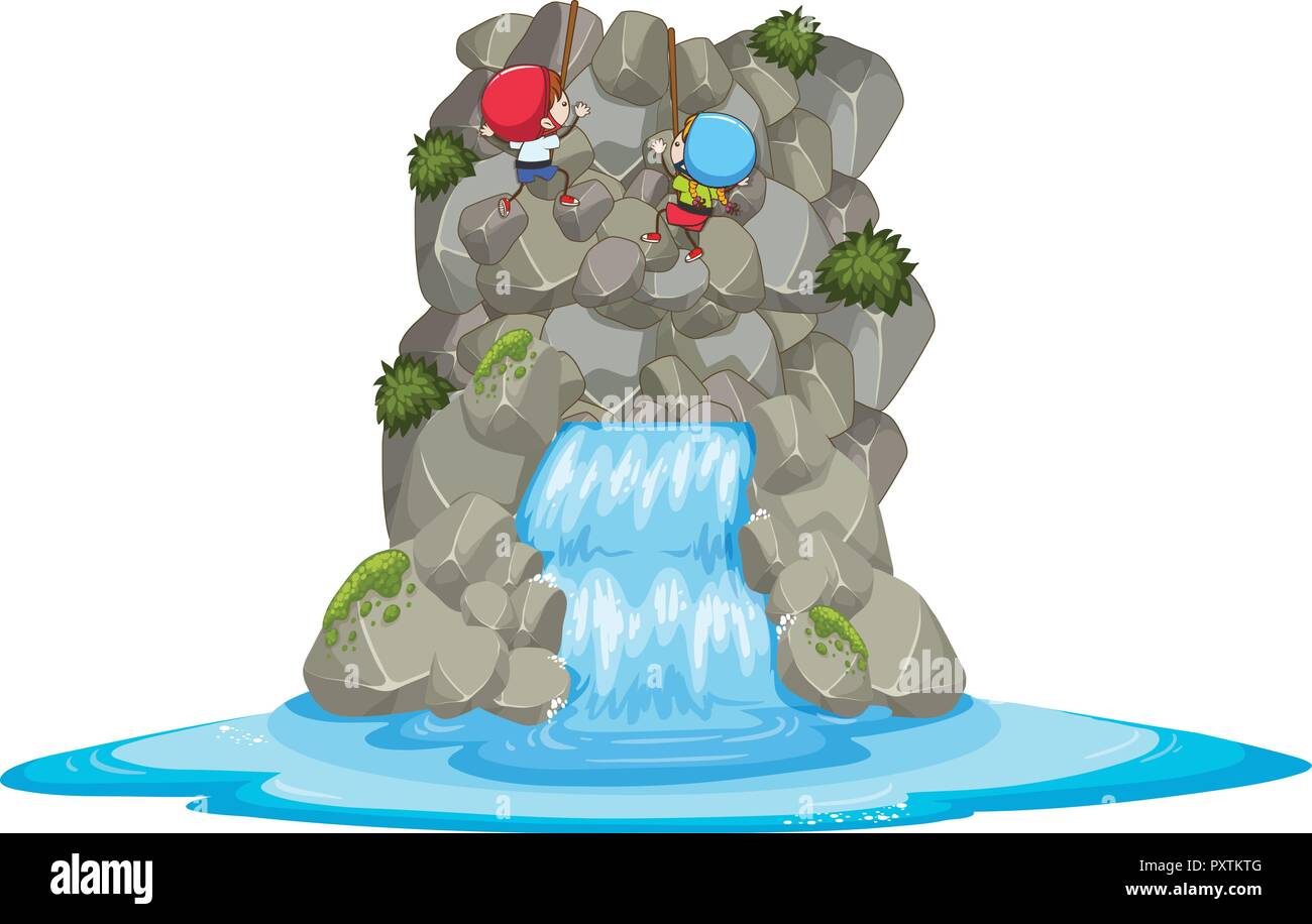 Kids Rock Climbing Over the Waterfall illustration Stock Vector Image ...