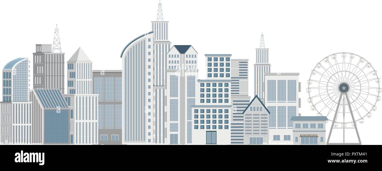 Tall buildings and ferris wheel on white background illustration Stock ...